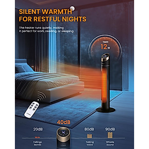 Space Heater, 34" Space Heater for Large Room with Remote, 1500W Tower Heater with 12H Timer, 70° Oscillating, Adjustable Thermostat, Overheating & Tip-over Protection, Indoor Use, Black
