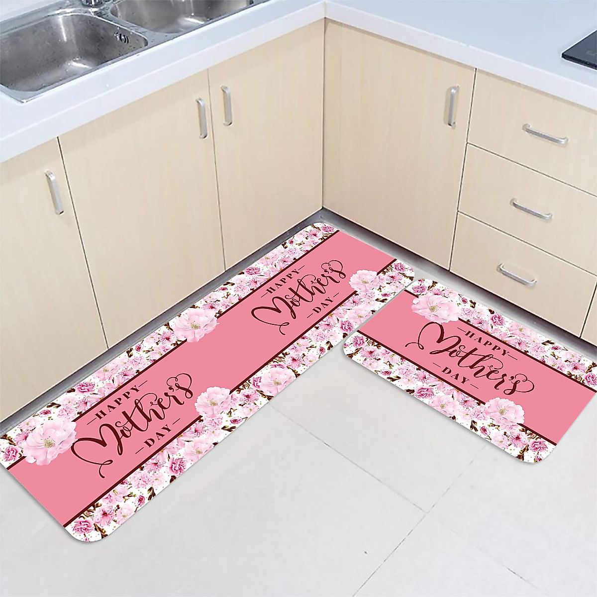 KITHOME Happy Mother's Day Kitchen Mats Sets 2 Piece, Mother's Day Spring Pink Floral Blossom Kitchen Rug Non-Slip Washable Runner Carpets for Mother's Day Decorations, 15.7" x 23.6" + 15.7" x 47.2"