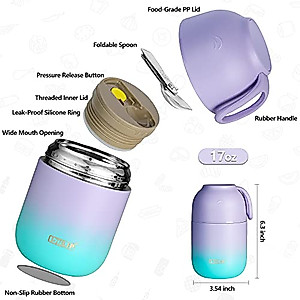 IDHLIP Thermos for Hot Food - Wide Mouth Soup Thermos for Kids Adults - 17 oz Insulated Food Container with Folding Spoon for Hot Cold Food Stainless Steel Food Jar for School (Purple-Blue)