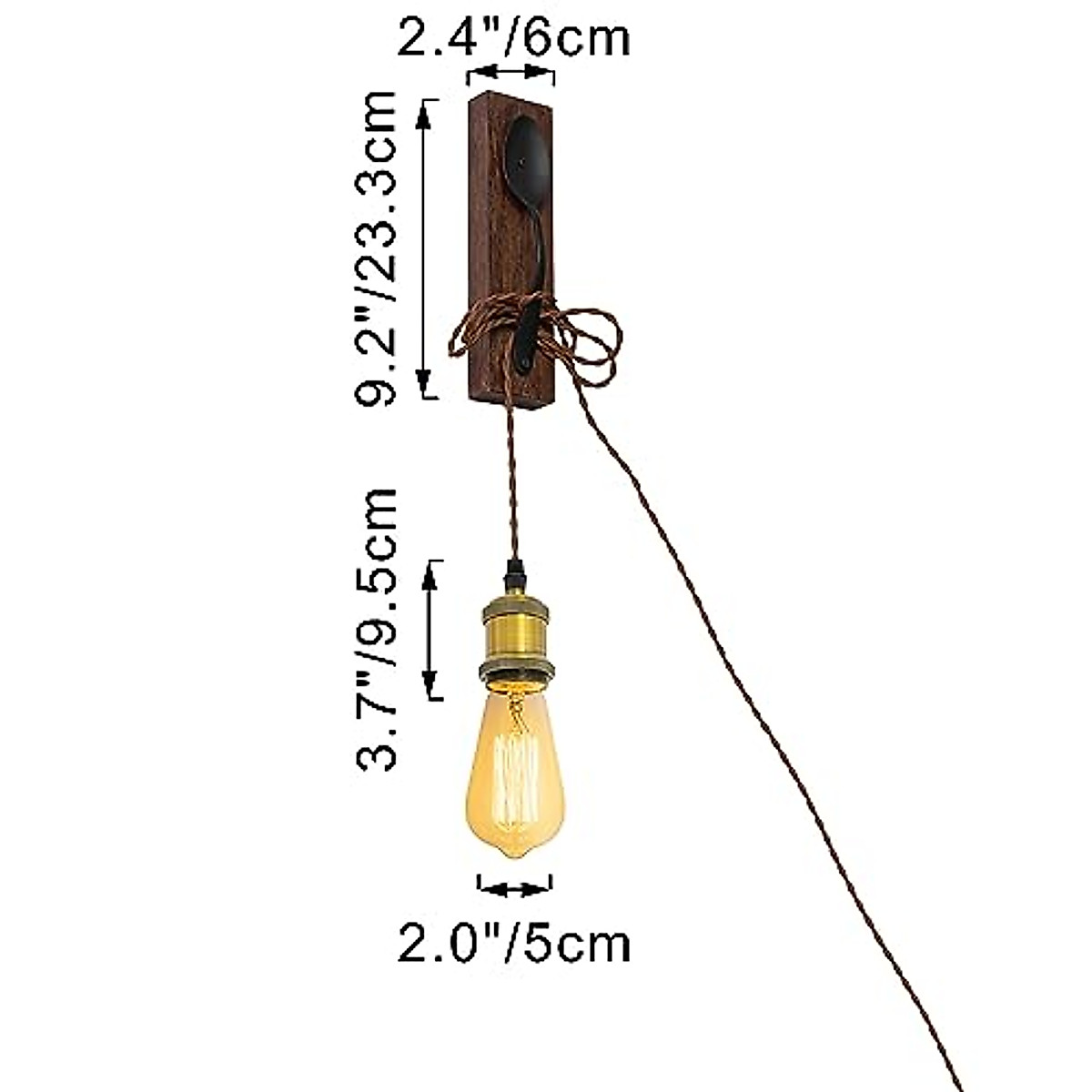 SKIVTGLAMP Industrial Style Handle Adjustable Lamp Wooden Wall Sconce Wall Hanging Plug-in UL Cord Wall Lamp No Drilling, Dimmable Farmhouse Wall Mounted Rectangular Walnut for Restaurant Decor