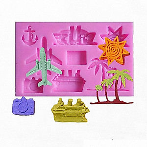 2Pcs/Set Summer Vocation Travel Fondant Molds, Seaside Holiday Silicone Mold for Cake Cupcake Decorating Polymer Clay Mould (Airplane Cruise Liner Camera Coconut Tree Sun Beach Slippers Swimsuit)