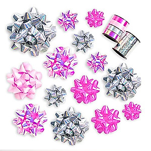 WRAPAHOLIC 16 Pcs Gift Bows Assortment - 14 Multi Colored Assorted Size Gift Bows (Pink, Fushcia, Silver) and 2 Crimped Curling Ribbons, Perfect for Christmas, Holiday, Party