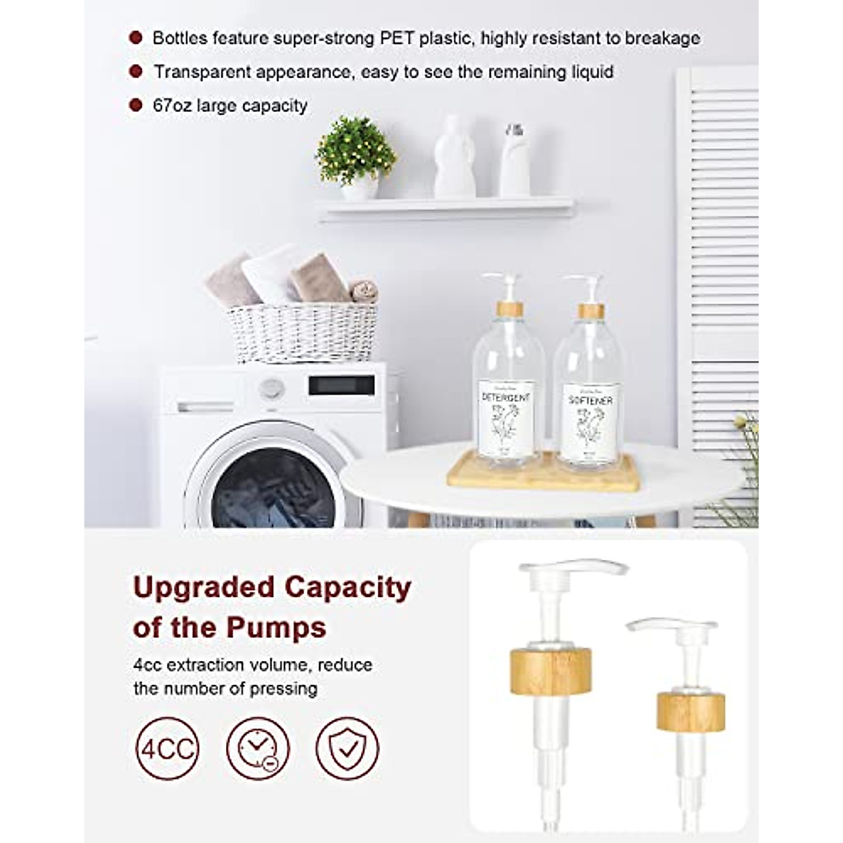 Liquid Laundry Detergent Dispenser, Laundry Detergent Container for Laundry Room, 67oz Storage Container for Farmhouse Decor, Includes Pumps, Collapsible Funnel, Labels and Bamboo Tray