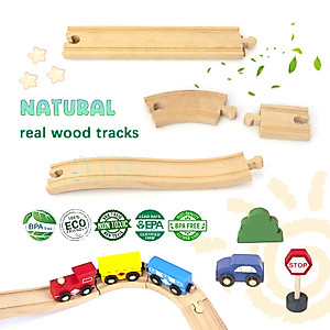 60Pcs Train Set for 3 Year Old Boys, Double-Side Wooden Train Set Tracks for Toddlers, Fits Brio, Thomas, Melissa and Doug, Kids Wood Train Toys for 3 4 5 Year Old Boys and Girls (Yellow)