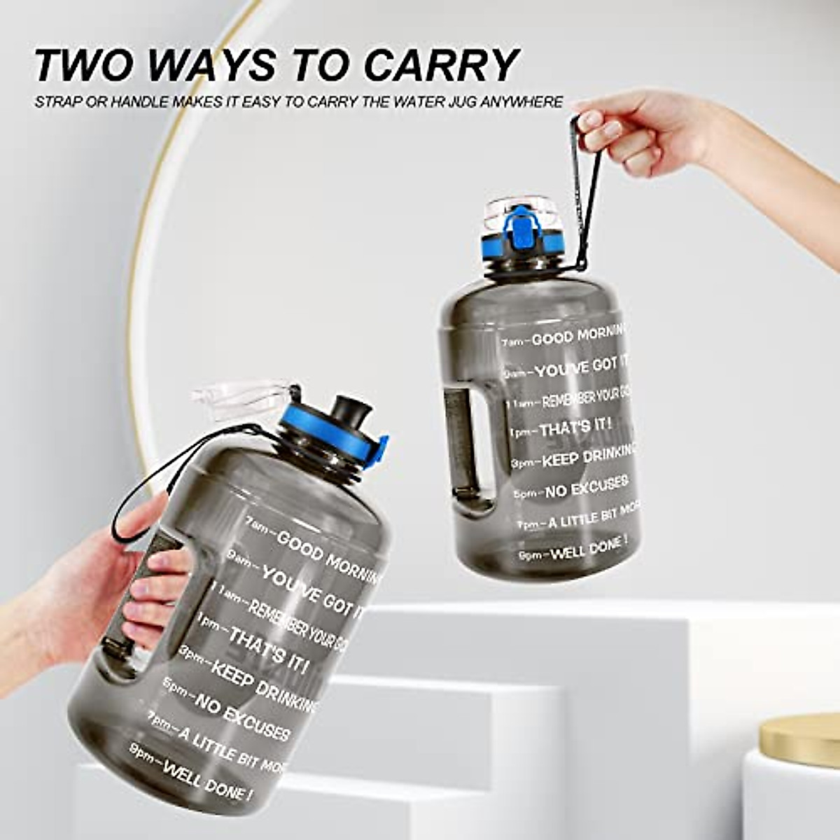 BuildLife Gallon Water Bottles with Times to Drink - Gallon Water Jug - 1 Gallon Water Bottle–BPA Free Water Bottle with Time Marke and Flip Top Leak Proof Lid One Click Open for Gym(Gray, 1 Gallon)