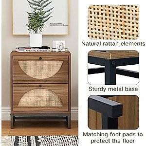 Woenei Rattan Nightstands End Table-Night Stand with 2 Drawers, Wood Accent Cabinet Set,Farmhouse Side Table with Storage, Bedside Tables for Living Room, Bedroom (1, Walnut)