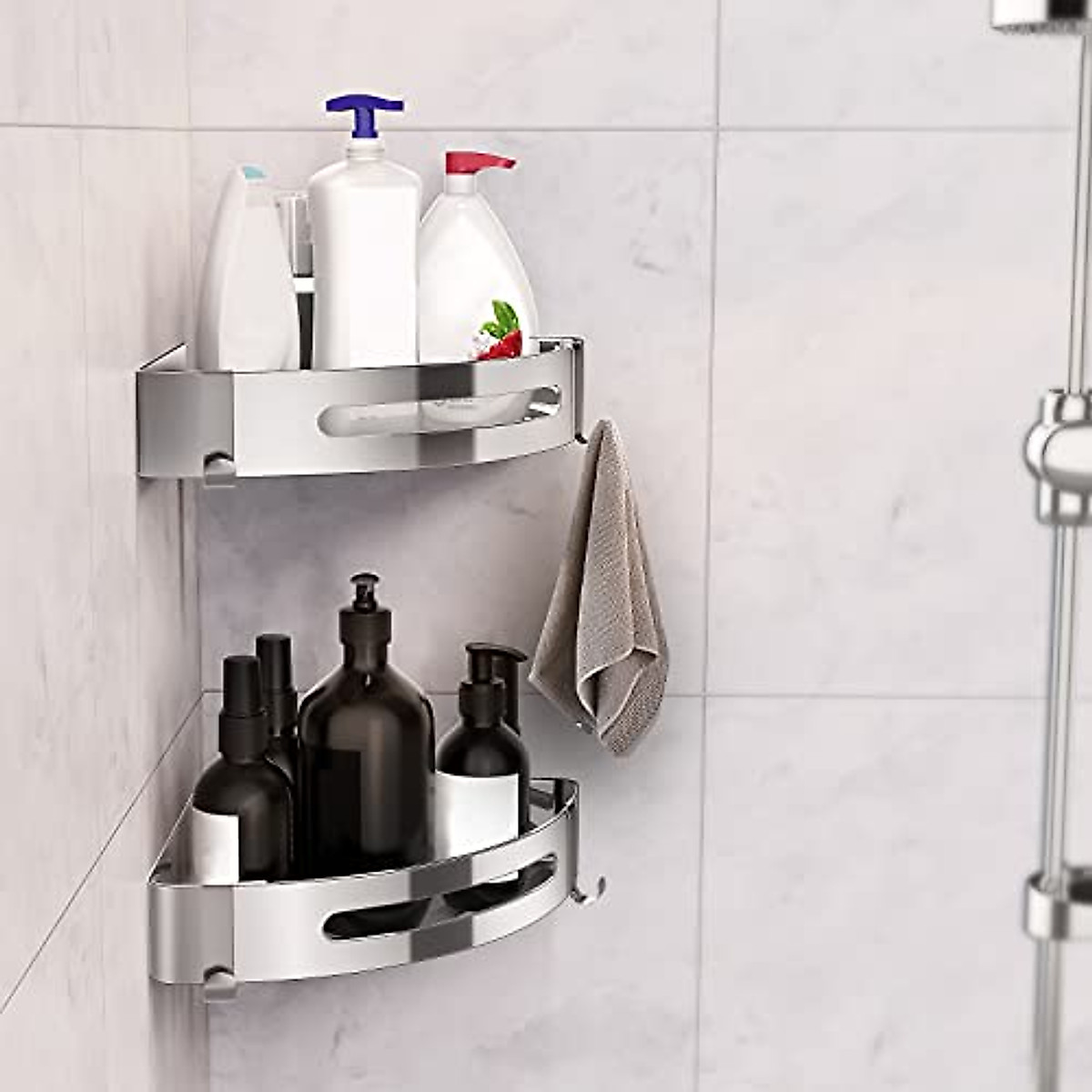Shower Caddy Corner Bathroom Shelf with Hooks Shower Organizer No Drilling Wall Mounted Basket Rustproof Storage Rack with Adhesive for College Dorm Kitchen Toilet, 2 Pack Sliver