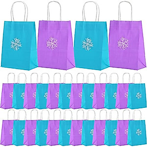 24 Pieces Snowflake Party Favor Bags Kraft Paper Bags with Plastic Snowflake Gift Bags with Handles Birthday Paper Bags Candy Bags for Birthday Baby Shower Wedding Christmas Party Celebrations