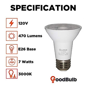 GoodBulb Commercial Grade LED Light Bulb - 7 Watt & 470 Lumens - Features PAR20 Shape & E26 Base - 3000K Warm White Light - 120V Fully Dimmable Bulb - 4 Pack