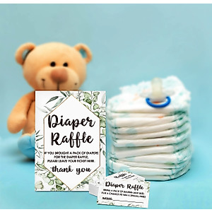 Diaper Raffle Baby Shower Game Set(1 Standing Sign + 50 Guessing Cards), Greenery Diaper Raffle Tickets for Baby Shower, Gold Foil Baby Shower Party Favor Decor - A12