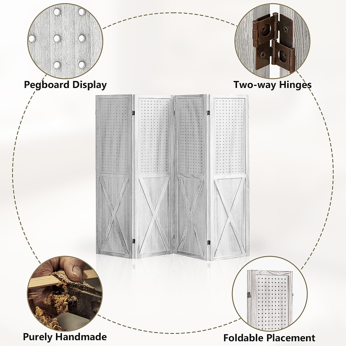 Leesinwing 4 Panel Pegboard Display, 5.6Ft Wood Room Dividers and Folding Privacy Screens, Peg Board Room Divider, Portable Display Board Organizer for Art, Jewelry, Crafts Display Racks, Off White