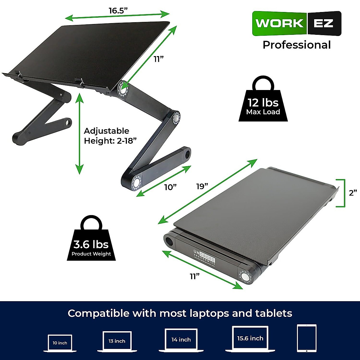WorkEZ PROFESSIONAL Ergonomic Aluminum Laptop Cooling Stand Lap Desk Tray for Bed Couch. Foldable adjustable height angle tilt notebook computer riser folding desktop holder portable, Black