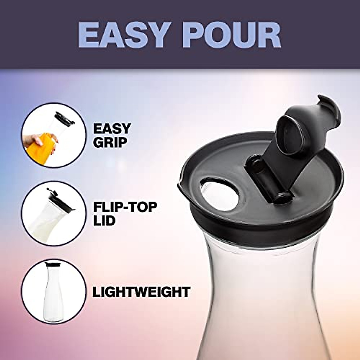 UMIEN Carafe Pitcher – Clear Beverage Carafes with Flip Top Lid, Iced Tea, Mimosas, Laundry Detergent, Milk, Juice – Easy Pour BPA Free Plastic Drink Container, 50 Ounce Round bottoms - 2 pack