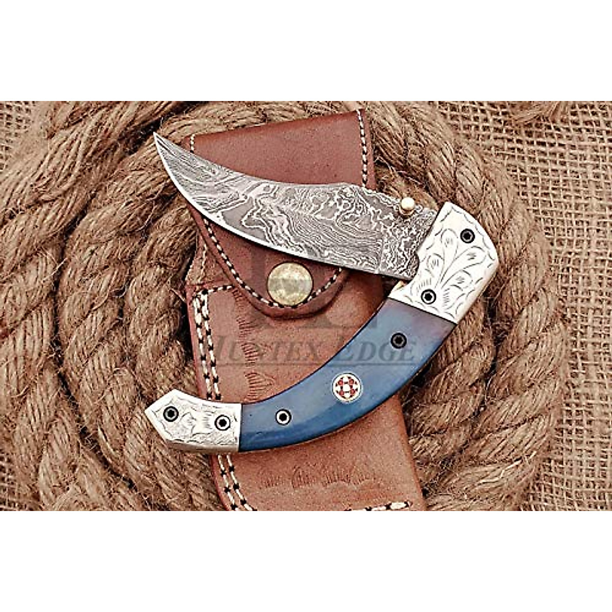 HUNTEX Custom Handmade Hand-Forged Twist Pattern Damascus Steel 4 Inch Long Natural Tinted Camel Bone Handle Razor Sharp Hunting Camping Folding Pocket Trailing Knife with Genuine Leather Pouch