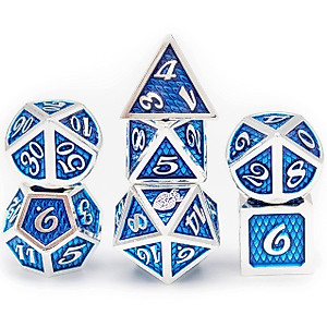 HEIMDALLR Metal DND Dice Set 7 pcs - Dragonhide Design, 16mm Size, Logo on D20; Metal Dice Set & Dice Box; D&D Dice Set D&D (Dungeons and Dragons Dice Set) - Jormungandr Series (Frosteater)