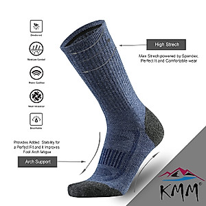 KMM Men's Merino Wool Cushion Crew Socks Moisture Wicking Control Medium Weight Warm for Outdoor Hiking Hike Trail Cycling(Denim L)