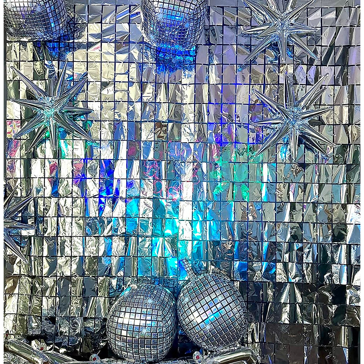Silver Backdrop Disco Party Decorations Metallic Square Foil Fringe Curtain Photo Booth Props for Birthday Graduation Bachelorette Wedding Engagement Baby Shower Party Decorations -2 Packs (3.3x6.6Ft)