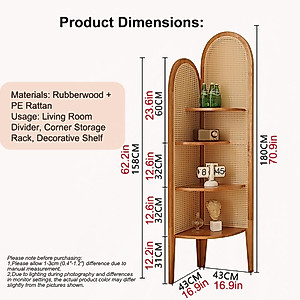 Miusocal Free-Standing Wood Corner Display Shelf, Tall Bookcase, Display Corner Shelving Unit with Storage, Wood Rattan Storage Rack, Decorative Screen Shelf for Bedroom(Brown)