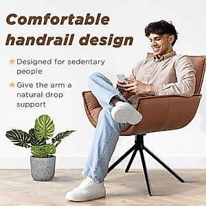 Fahomiss 360° Swivel Desk Chair No Wheels - Mid-Century Modern Desk Chair, Upholstered Faux Leather Desk Chair with Metal Legs, Office Chair for Living Room Reading Room Office(Brown, X1)