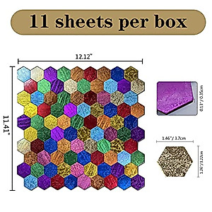 XUANINY Peel and Stick Backsplash Tiles, Rainbow Hexagon Aluminum Surface Metal Mosaic Sticker, Rainbow-Colored Wall Sticker for Living Room, RV，Bar (11.45"x11.02") (11, Hexagon Rainbow Colored)