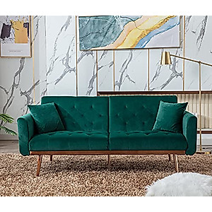 SLEERWAY Velvet Futon Sofa Bed with 5 Golden Metal Legs, Sleeper Sofa Couch with Two Pillows, Convertible Loveseat for Living Room and Bedroom, Green