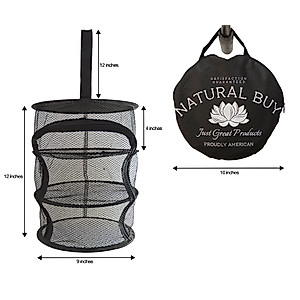Natural Buy 9 Inch 3 Level MICRO Hanging Dry Net Indoor/Closet Drying Rack for Herbs, Organizer, Freshner - Black Mash Screen with Top-to-Bottom Zipper - Apartment Size with Zipped Storage Pouch