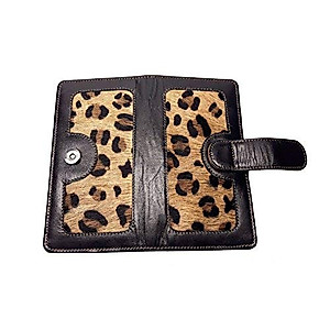 LW-1803 Black Leopard Ladies Wallet|10 card slots|1 card window|4 slide pockets|1 zip pocket | cowhide black leather & Cowhide Leopard