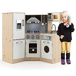 HONEY JOY Kids Wooden Kitchen Playset with Range Hood, Microwave, Sink, Utensils, Phone - With Lights & Sounds