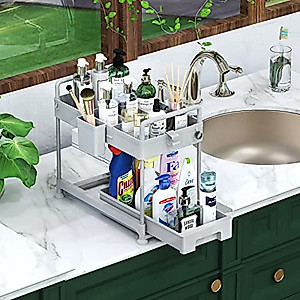SOLEJAZZ 2-Tier Under Sink Organizer, Sliding Under Bathroom Cabinet Storage Drawer Organizer with Hooks, Hanging Cup, Dividers, Handles, Multi-purpose Under Sink Shelf Organizer, Gray, 2 Pack