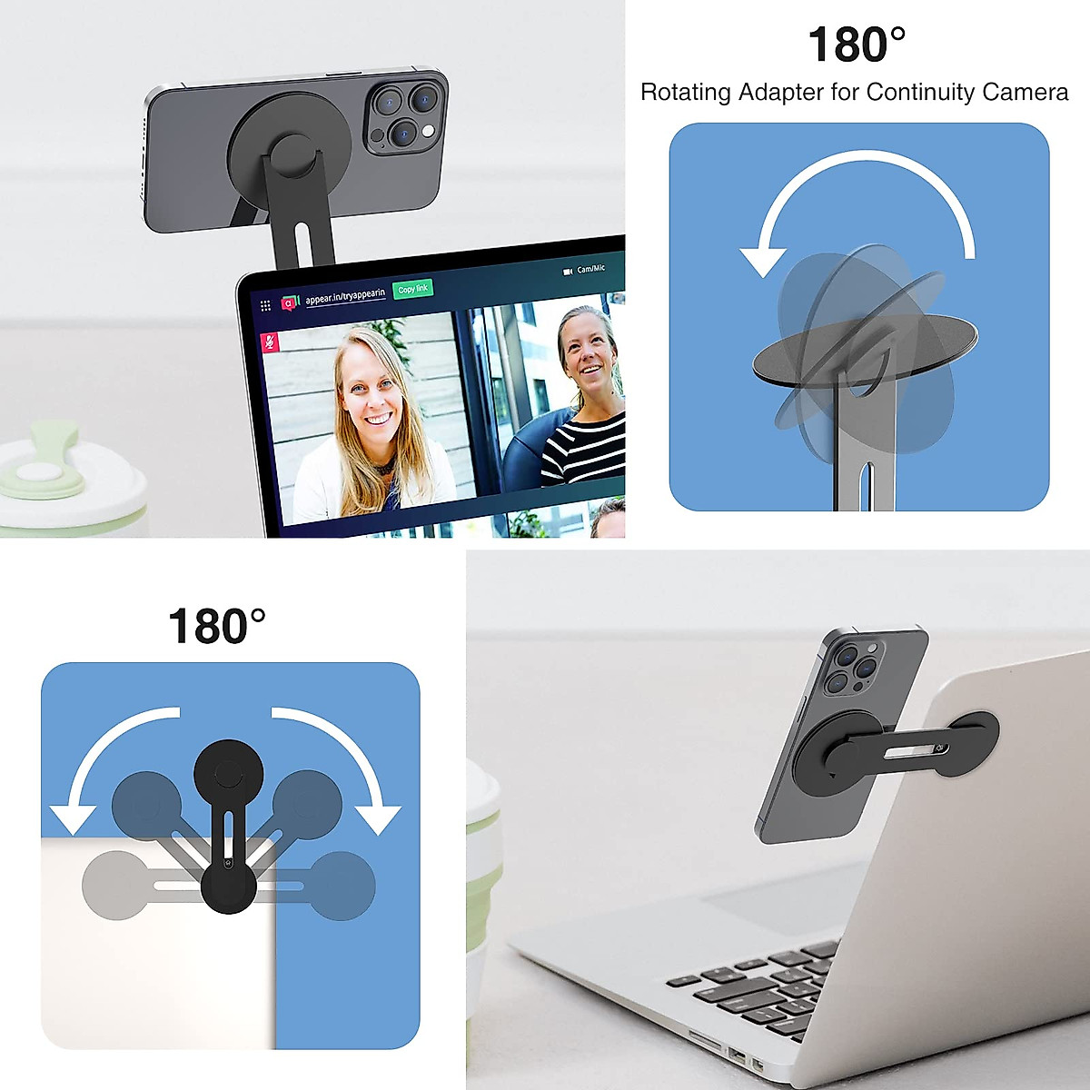 Aerbeis Continuity Magnetic Laptop Phone Holder - 180° Adjustable Continuity Camera Mount Adapter Compatible with MagSafe, MacBook Mount Computer Monitor Expansion Bracket for Smartphone