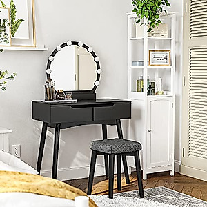 VASAGLE Vanity, Makeup Vanity Desk with Lights, Rounded Mirror, 2 Drawers, Vanity Set with Upholstered Stool, for Bathroom, Bedroom, Girls Vanity for Gift, Black URDT11BL