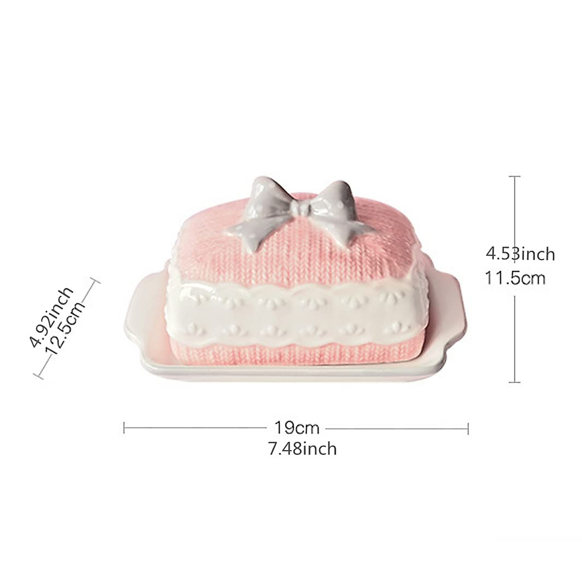 Aebor Ceramic Butter Dish with Bow tie No Slip Lid & Handle, for Counter or Fridge, Covered Butter Tray Holder For Butter Storage, Pink