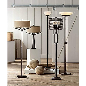 Franklin Iron Works Tremont Modern Mid Century Floor Lamp Standing 62" Tall Deep Bronze Metal Tan Burlap Drum Shade for Living Room Reading Bedroom Office House Home Decor