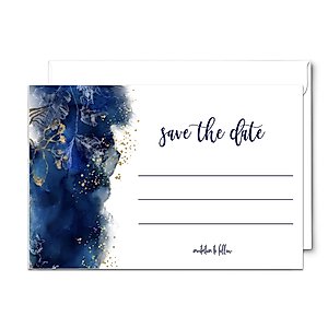 Paper Clever Party Blue Save the Date with Envelopes, All Occasion Cards for Wedding Invitations, Birthday, Graduation, Watercolor Gold Floral, 3.5x5, 25 Pack
