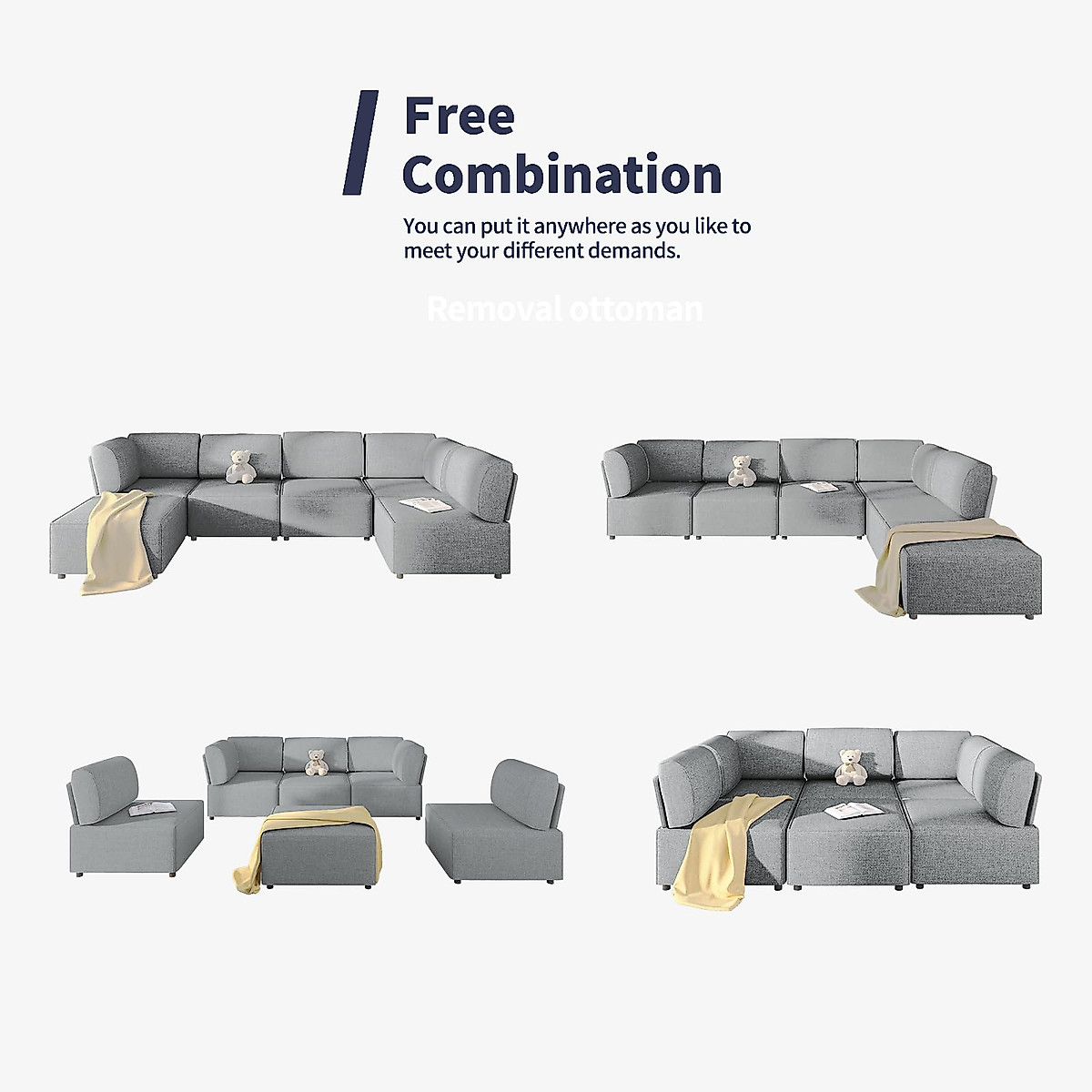 ZAFLY Modular Sectional Sofa Couch, U/L Shaped Couch with Oversized Seats, Ottoman, Convertible Modern Linen Fabric Reversible Chaise, Sofa Sleeper for Living Room, Apartment 120.4" W (Light Gray)