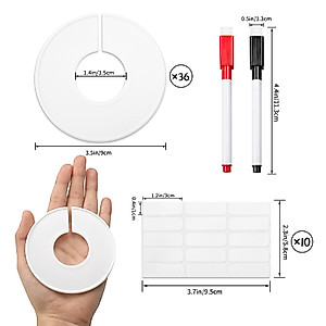 KMOTASUO 36Pcs White Clothing Rack Size Dividers, Round Clothes Hanger Separator Dividers with 150 Labels (1 Inch) and 2 Markers, Sturdy Baby Closet Organize Clothing Rod Dividers