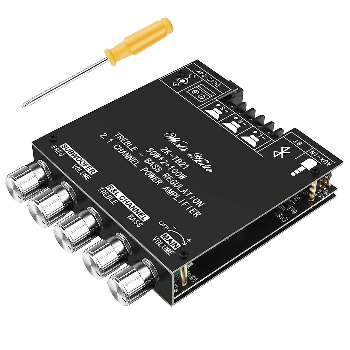 MakerHawk Bluetooth Amplifier Board HiFi Stereo 2.1 TPA3116D2 2X50W+100W 12V-24V Audio Power Amplifier Module Bass and Treble Control for Store Home Theater Speakers (ZK-TB21)