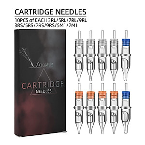 100pcs Mixed Tattoo Cartridge Needles, ATOMUS Assorted Disposable Tattoo Needle 3RL 5RL 7RL 9RL 3RS 5RS 7RS 9RS 5M1 7M1 for Tattoo Machine
