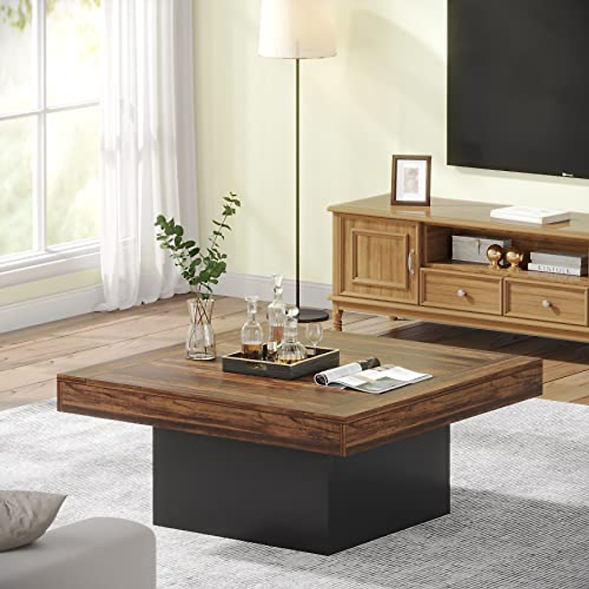 LITTLE TREE Farmhouse Square LED Engineered Wood Living Room Rustic Low Coffee Tables, Black & Brown