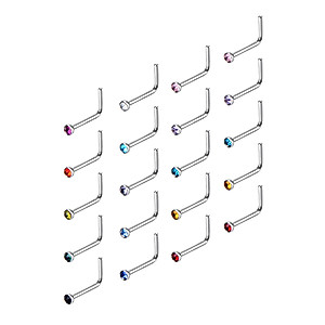Mudder 20 Pcs Curved Nose Studs Stainless Steel Nose Ring Colorful L Shaped Crystals l Bend Nose Screw Piercing Jewelry,20 Gauge