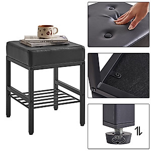 IBUYKE Square Makeup Stool with Adjustable Feet and Storage Space, Footrest Stool, PU Seat Vanity Stool, Multi-Use as Small Side Table or Ottoman, for Bedroom, Black LG-60B