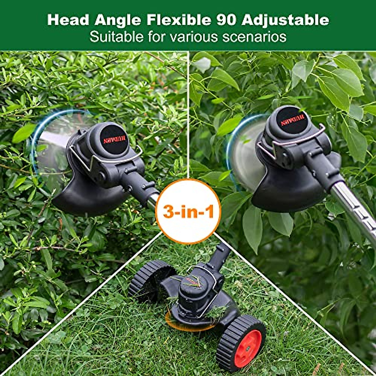 HUDAEN Cordless Grass Trimmer Weed Wacker, 3-in-1 String Trimmer Lawn Edger with 21V 2Ah Li-ion Battery for Garden and Yard with Wheel, Lightweight Adjustable Height Weed Eater Tool(Black)