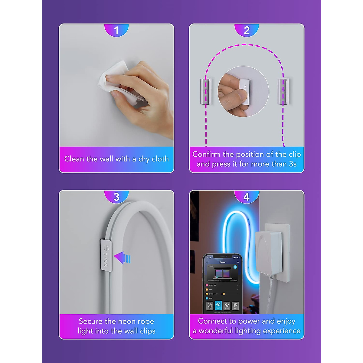 Govee RGBIC Neon Rope Light Mounting Brackets H1000, RGBIC Rope Light Clips, WiFi Neon Lights Holders 20pcs for Neon Rope Light Models H61A0, H61A2, H61A5, H61A8（Not Support H61D3 & H61D5)