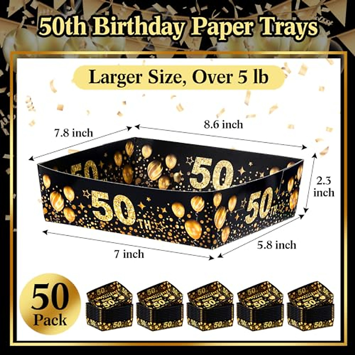 Tenceur 50 Pcs 50th Birthday Party Supplies Trays 5 lb Black and Gold Large Paper Boats for Food Disposable Snack Serving Nacho Trays for Men Women Happy 50 Years Birthday Party Supplies