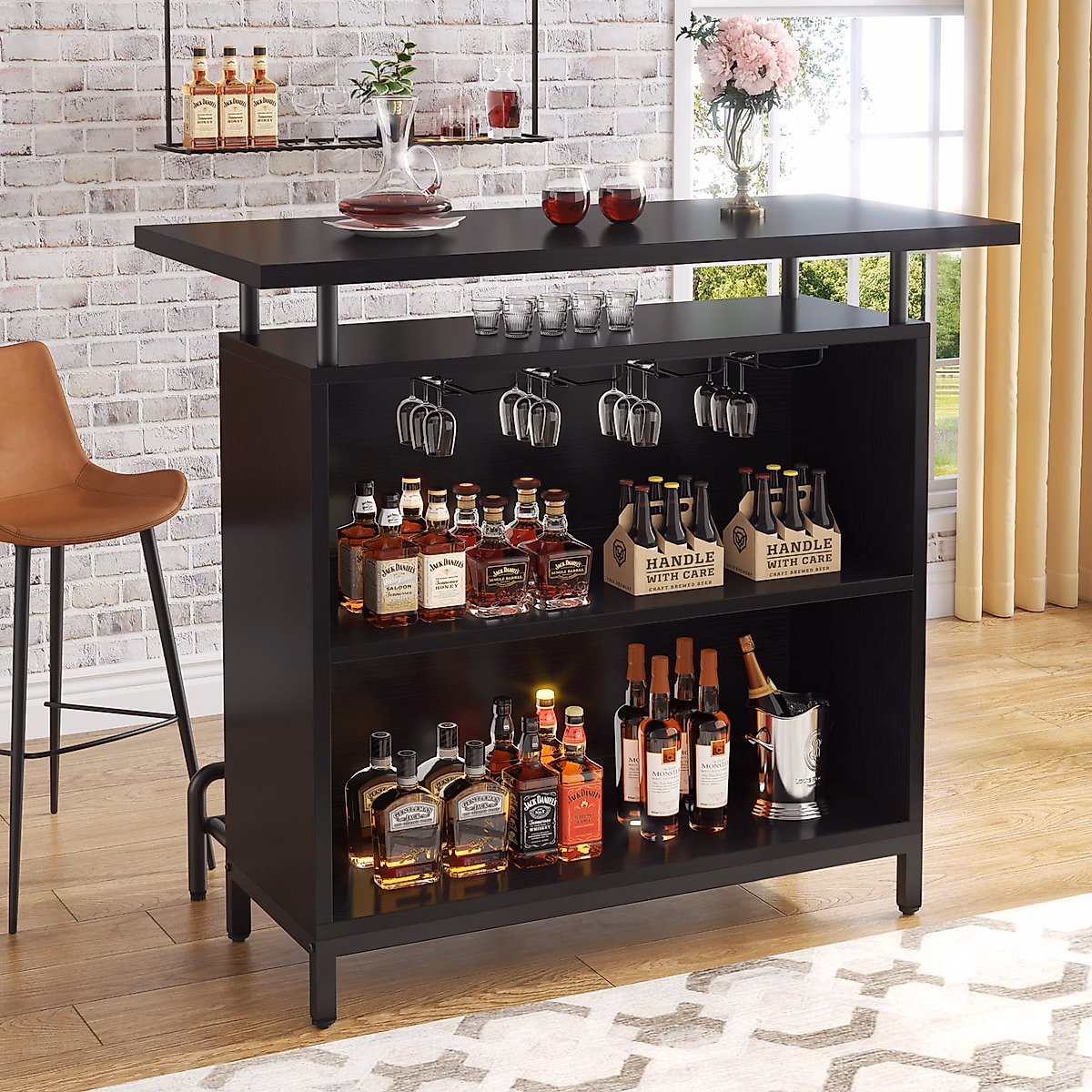 LITTLE TREE 47 Inches PU Leather Home Bar Table Unit Liquor Cabinet Glasses Holder and Metal Footrest,Wine Rack for Kitchen Living Room, 2-Tier, Black