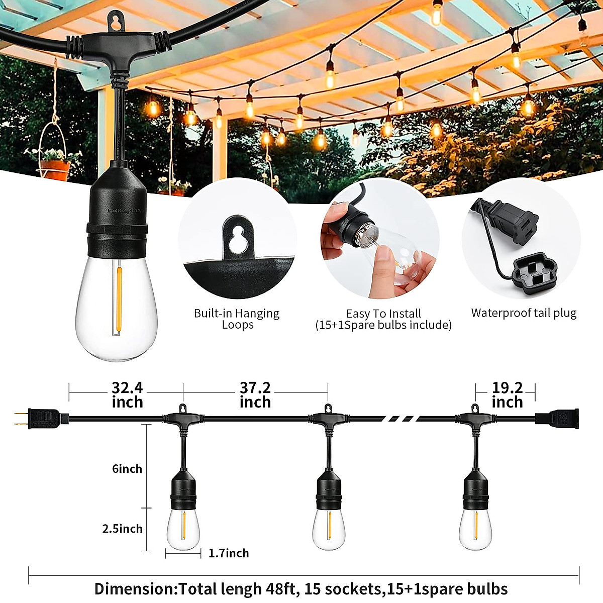AVANLO Outdoor String Lights Dimmable LED 96 FT (2x48FT) Waterproof Shatterproof Bulbs 30 Hanging Sockets Commercial Grade Patio Lights Decorative Bistro/Party/Garden/Cafe Light 2700K Warm White Light