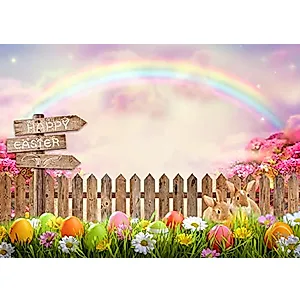 SJOLOON Spring Easter Backdrop Colorful Eggs Rabbit with Rainbow Backdrop for Easter Party Decoration Baby Shower Studio Props 12395 (7x5FT)