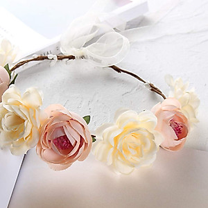 Flower Headband Rose Floral Boho Wreath Garland Hair Hoop Bohemian Headdress Headwear Headpiece Women Girls Crown Leaf Hair Bands Party Decoration Cosplay Costume Handmade Hair Accessories Champagne