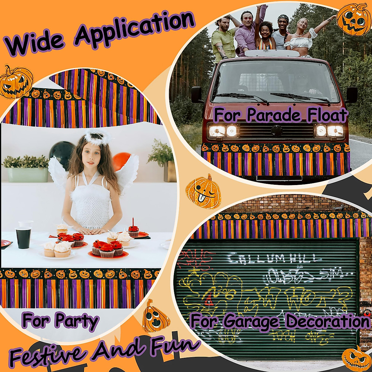 Halloween Parade Floats Foil Fringe, Each 10 ft x 15'' Orange Purple Black Pumpkin Tinsel Streamers Garland Banner Table Skirts for Halloween Trailer Car Graduation Homecoming Party (4 Pack)