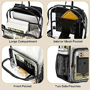 GEAMSAM Clear Backpack, Heavy Duty Transparent Backpack with Reinforced Bottom See Through Backpack for College, Travel, Workplace Security - Black